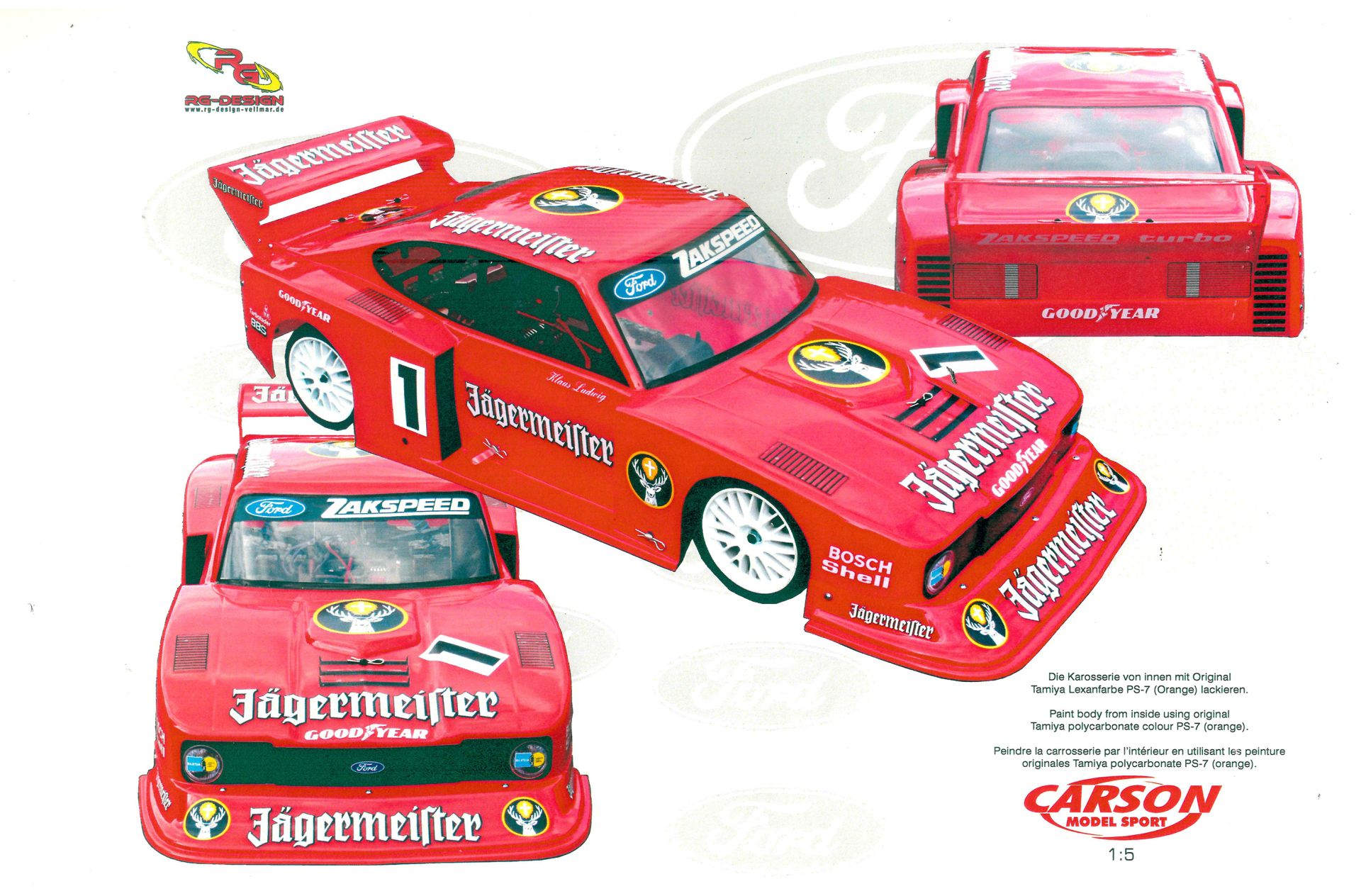 803010/01 Ford Capri RS Zakspeed 1/5 body shell set, painted, wheelbase ...